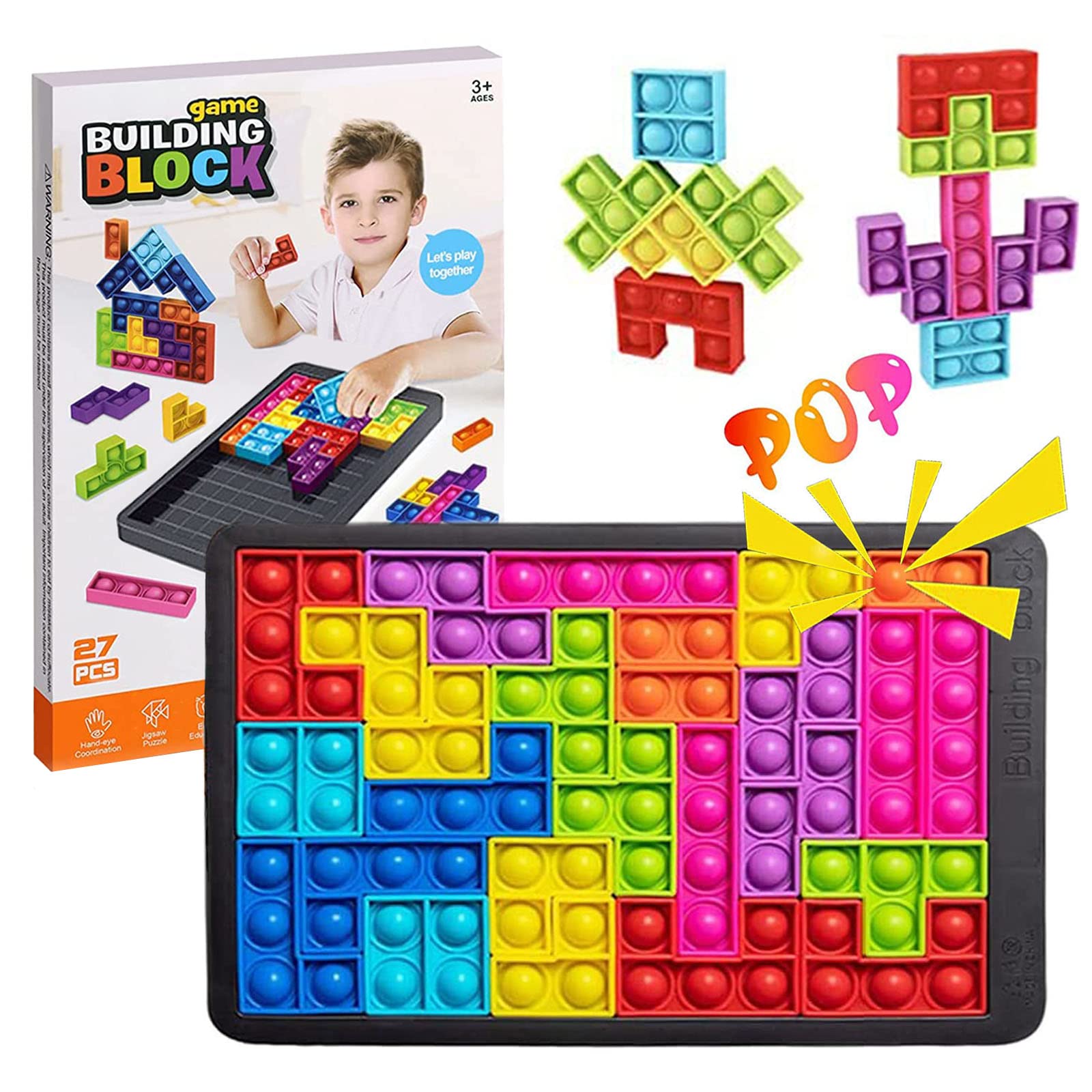 SHEGATO Push It Pop Fidget Toys, Bubble Sensory Toy, Poppits Jigsaw Fidget Toys, Popper Russian Block Game Boards, 26PCS Silicone Puzzle Games to Anxiety and Stress Relief for Girls Boys (Black)