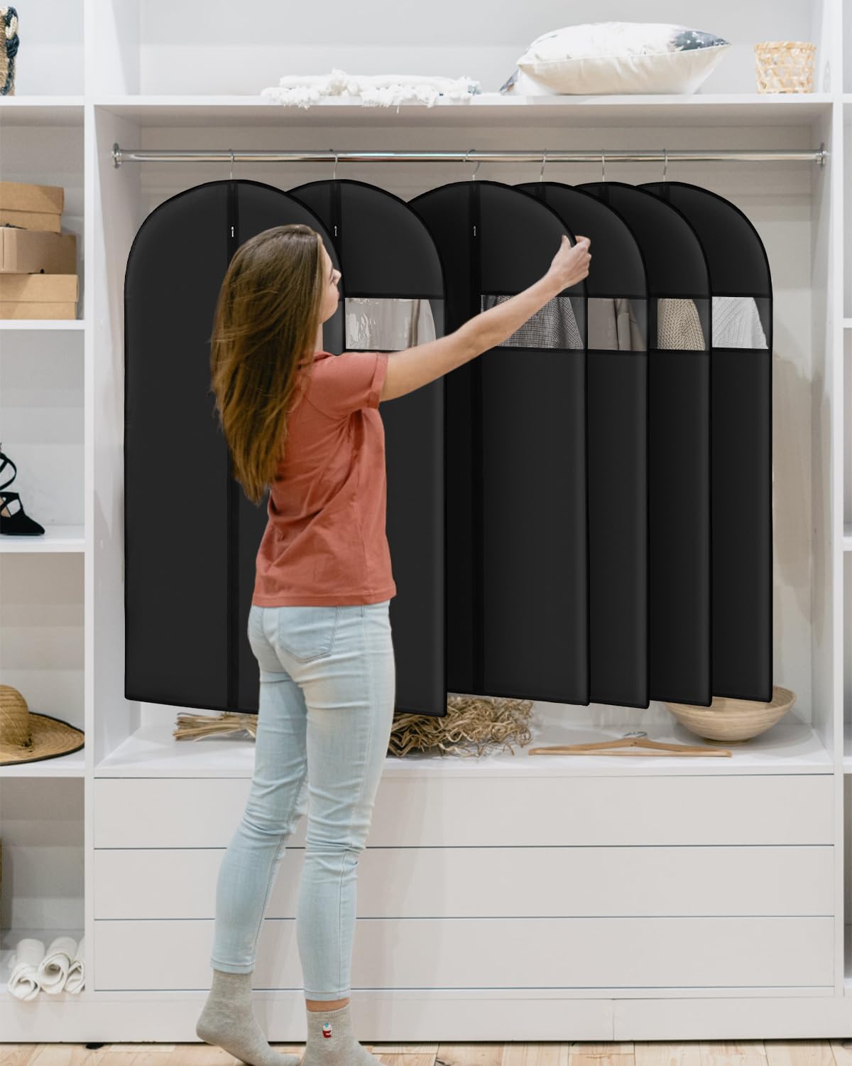 Garment Bags for Hanging Clothes (8 packs,43 inches) Washable Black Suit Bags for Closet Storage and Travel with Clear Window