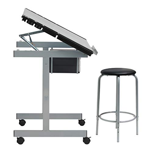 SD Studio Designs Studio Designs 2 Piece Vision Modern Metal Hobby, Craft, Drawing, Drafting Table, Mobile Desk with 40.75" W x 25.75" D Angle Adjustable Top in Silver/Blue Glass