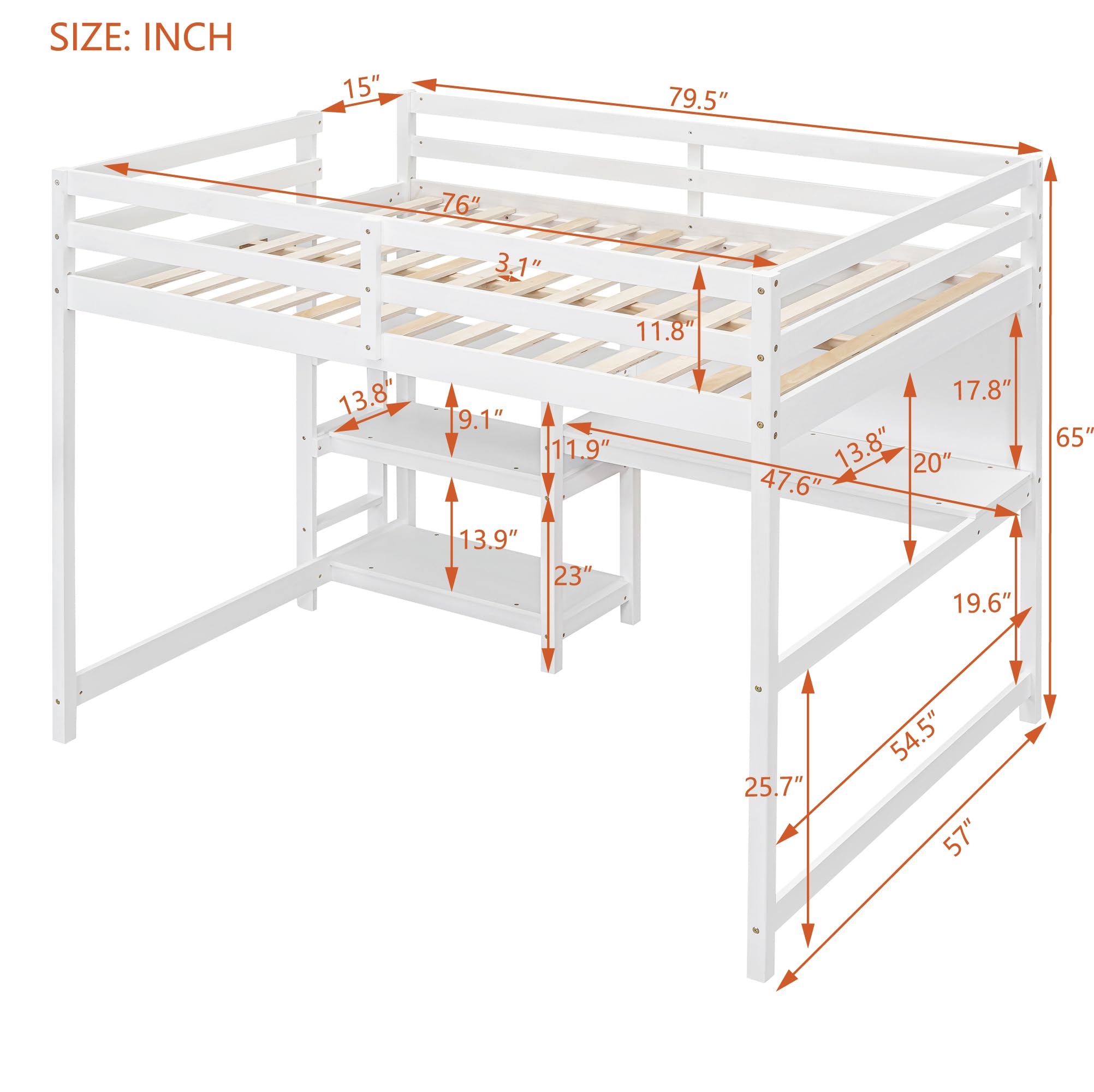 Full Size Loft Bed with Desk and Storage,Wood loft beds,for Girls Boys Teens Adults,No Box Spring Needed(White)