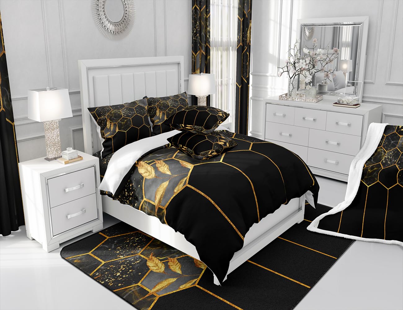 Marble Duvet Cover King, Black Grey Geometric Gold Plaid Bedding Set, Modern Luxury Diamond Comforter Cover with Metallic Stripe Printed Beehive Hexagon Grid Quilt Cover with Pillow Shams,Honeycomb