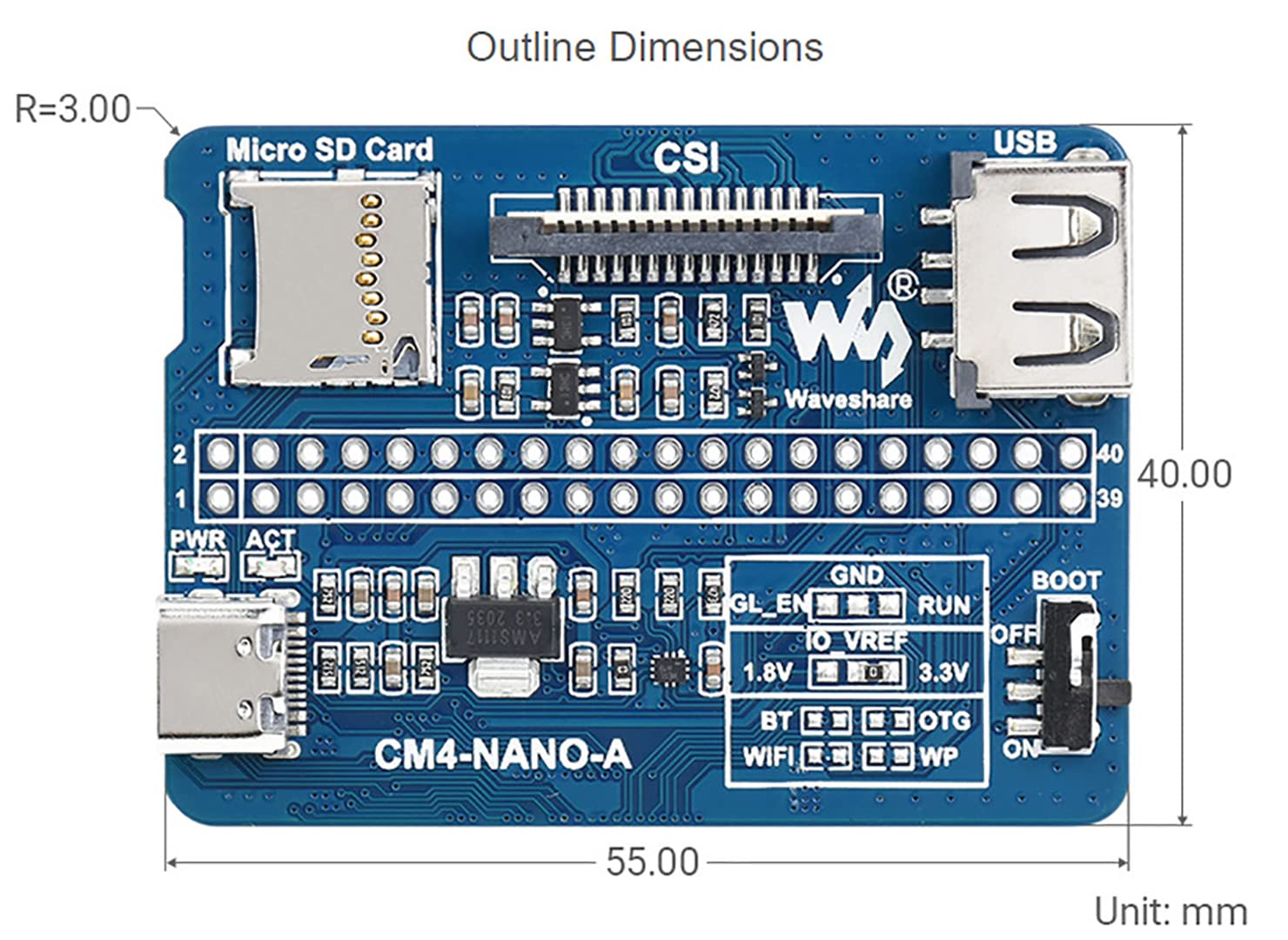 Nano Base Board (A) for Raspberry Pi Compute Module 4 Lite/eMMC,with Raspberry Pi 40PIN GPIO Interface, USB 2.0, MIPI CSI-2 Port