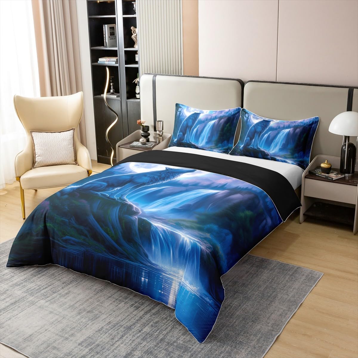 Feelyou Wolf Bedding Set King Size Wolves Howling Comforter Cover Set Animal Wolves 100% Cotton Duvet Cover Mountain Moon Wolf Bedspread Cover Room Black Blue Decor Quilt Cover,No Comforter