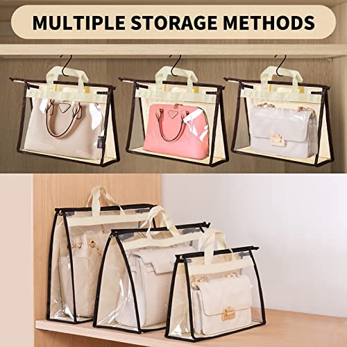 Handbag Storage Organizer 2 Pack, Clear Purse Storage Organizer for Closet, Clear Dust Bags for Handbags, Purse Cover Hanging Closet Organizer with Zipper, Handles and Purse Hook - XL, Cream