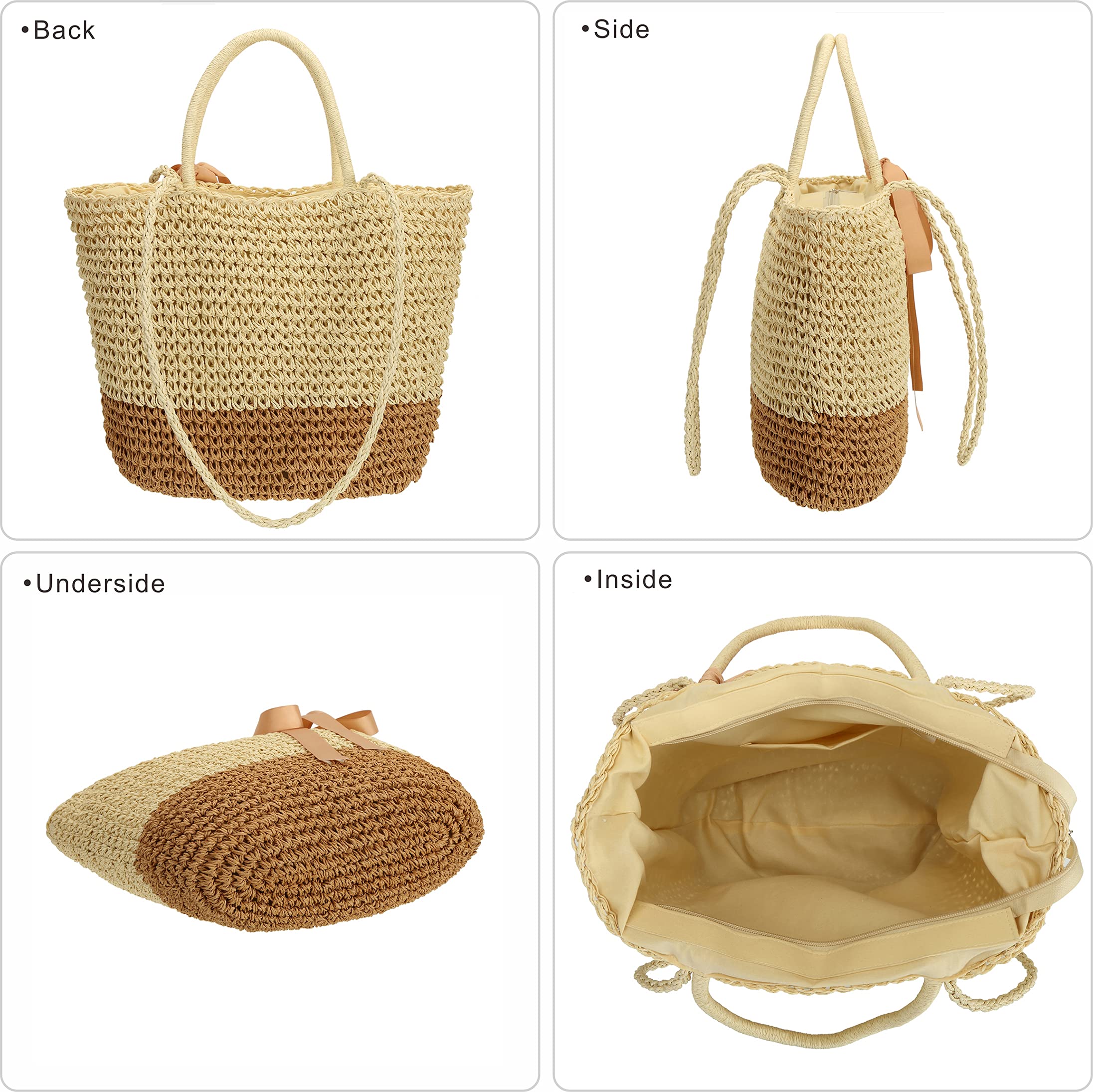 So'each Women's Handbag Color Matching Bow Wicker Woven Rattan Straw Tote Shoulder Bag Beige