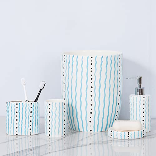 RZCNC Small Trash Durable Garbage Can Waste Basket for Bathroom, Bedroom, Office and More 2.75 Gallon Capacity with Stylish Blue Wavy Line Ceramic
