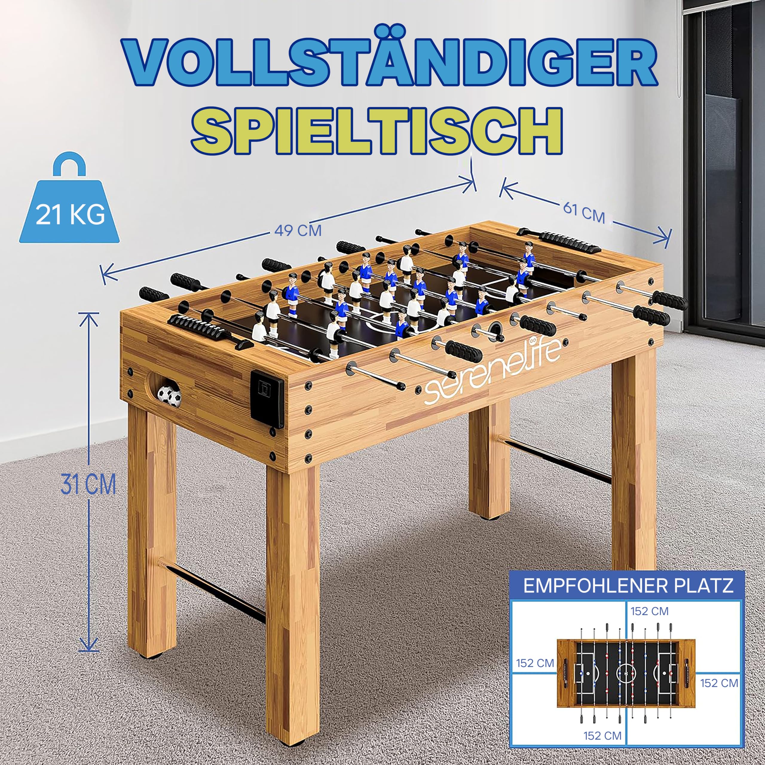 SereneLife 48in Competition Sized Foosball Table - Height Adjustable Arcade Soccer Set for Home, Game Room, Man Cave - Includes 2 Balls & 2 Fold-Out Cup Holders, Natural