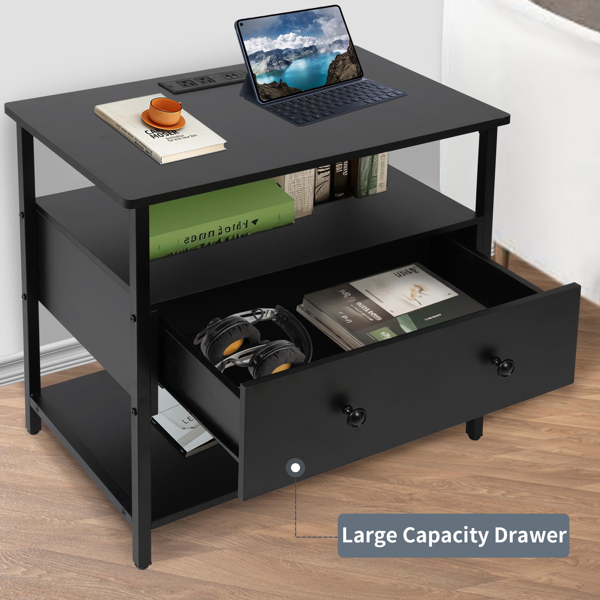 Edbuosy 27 inch Nightstand Side Table with 1 Layer of Wooden Drawers,Nightstand with Charging Station,End Table Bedside Table with USB Ports and Outlets (Black)