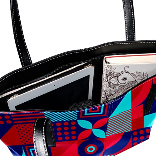 Colorful Geometric Tote Bag for Women Girls, Leather Shoulder Bag with Inside Pockets, Zip Top Handbags