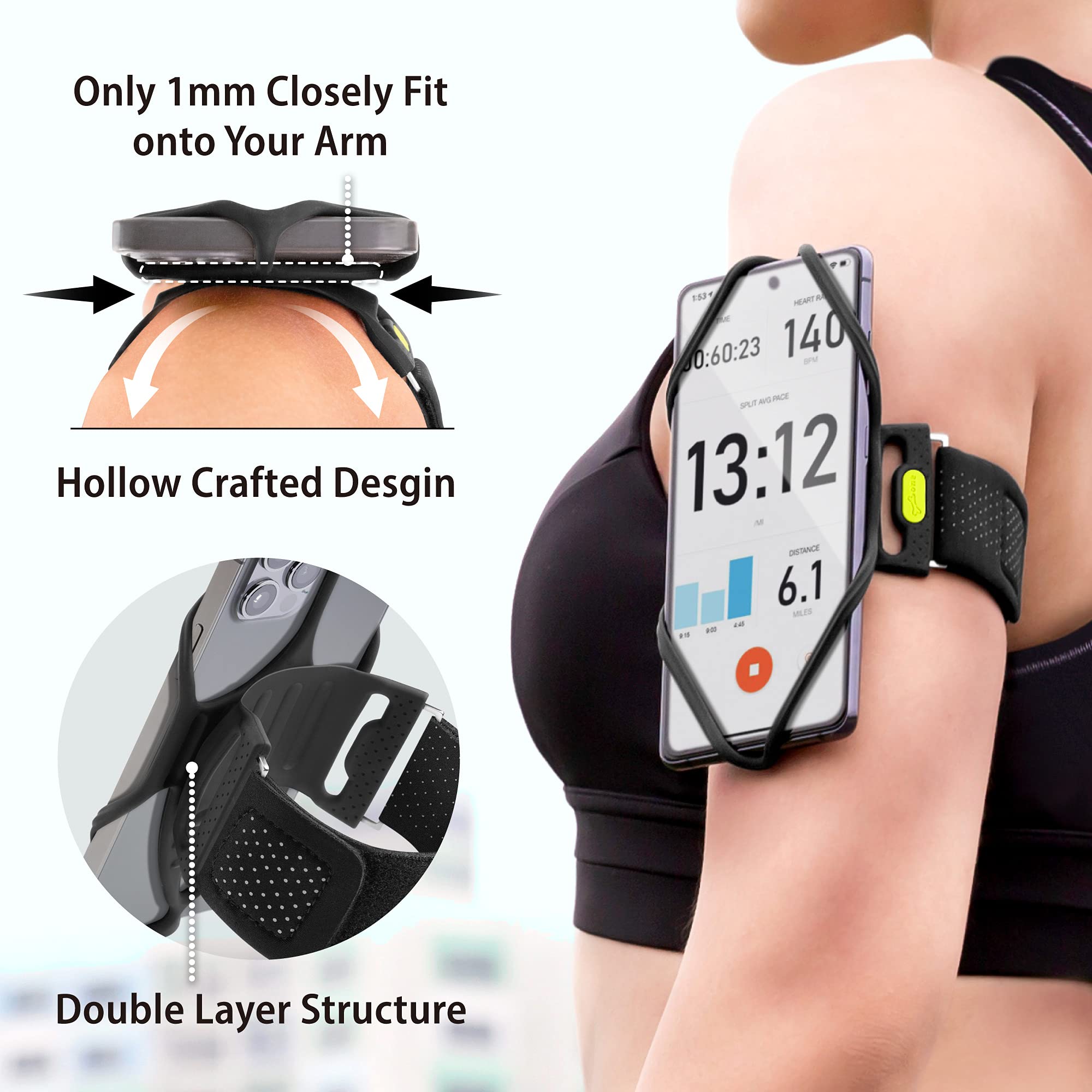 Bone Run Tie 2 Phone Holder for Running Armband Universal Cell Phone Holder, Running Arm Bands for Cell Phone Size 4.7-7.2 Inches for iPhone15 14 13 12 11 Samsung Galaxy (Black -L/Arm 9.8-15.7")