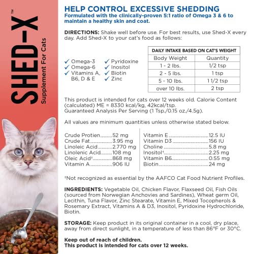 Shed-X Liquid Cat Supplement, 8oz β 100% Natural β Shed Defender, Help Excessive Cat Shedding with Cat Supplements of Essential Fatty Acids, Vitamins, and Minerals