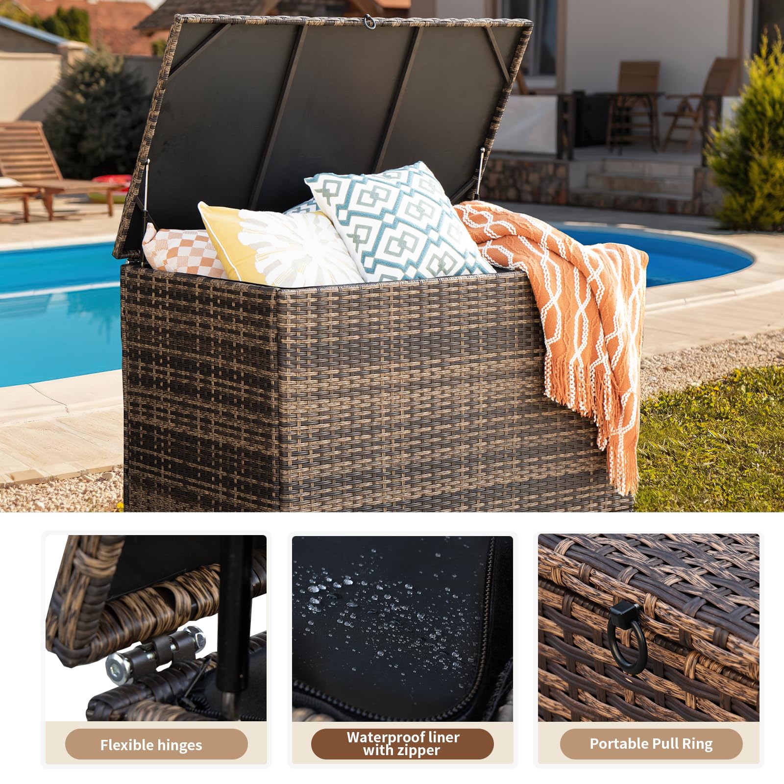 MEISSALIVVE 178 Gallon Outdoor Storage Box, Patio Deck Box with 2 Wheels, Handle Large Portable Wicker Rattan Deck Box for Patio Furniture Cushions, Throw Pillows, Garden Tools and Pool Floats (Brown)