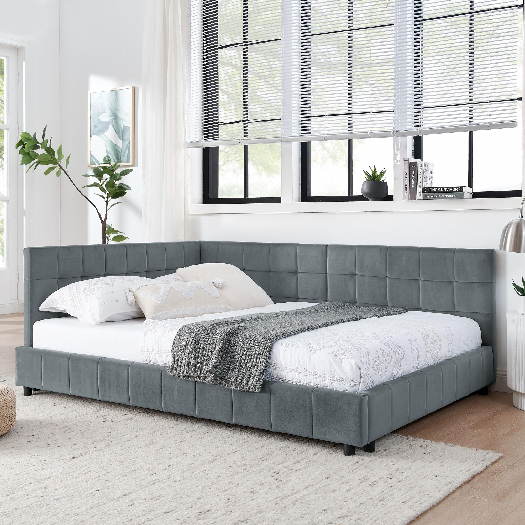 DEINPPA Full L-Shape Corner Bed Frame, Velvet Upholstered Tufted Daybed with Slat, Floor Platform Bed with Soft Headboard for Bedroom Nook, No Box Spring Needed-Black