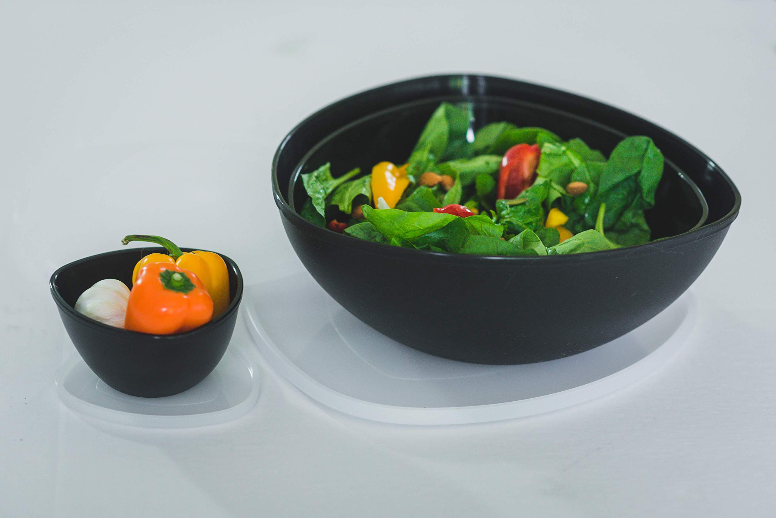 Coza Stackable and Unbreakable Serving Bowl for Mixing, Serving, Salad or Dessert with Lid- Set of 6 (3 Bowls + 3 Lids) (Black)