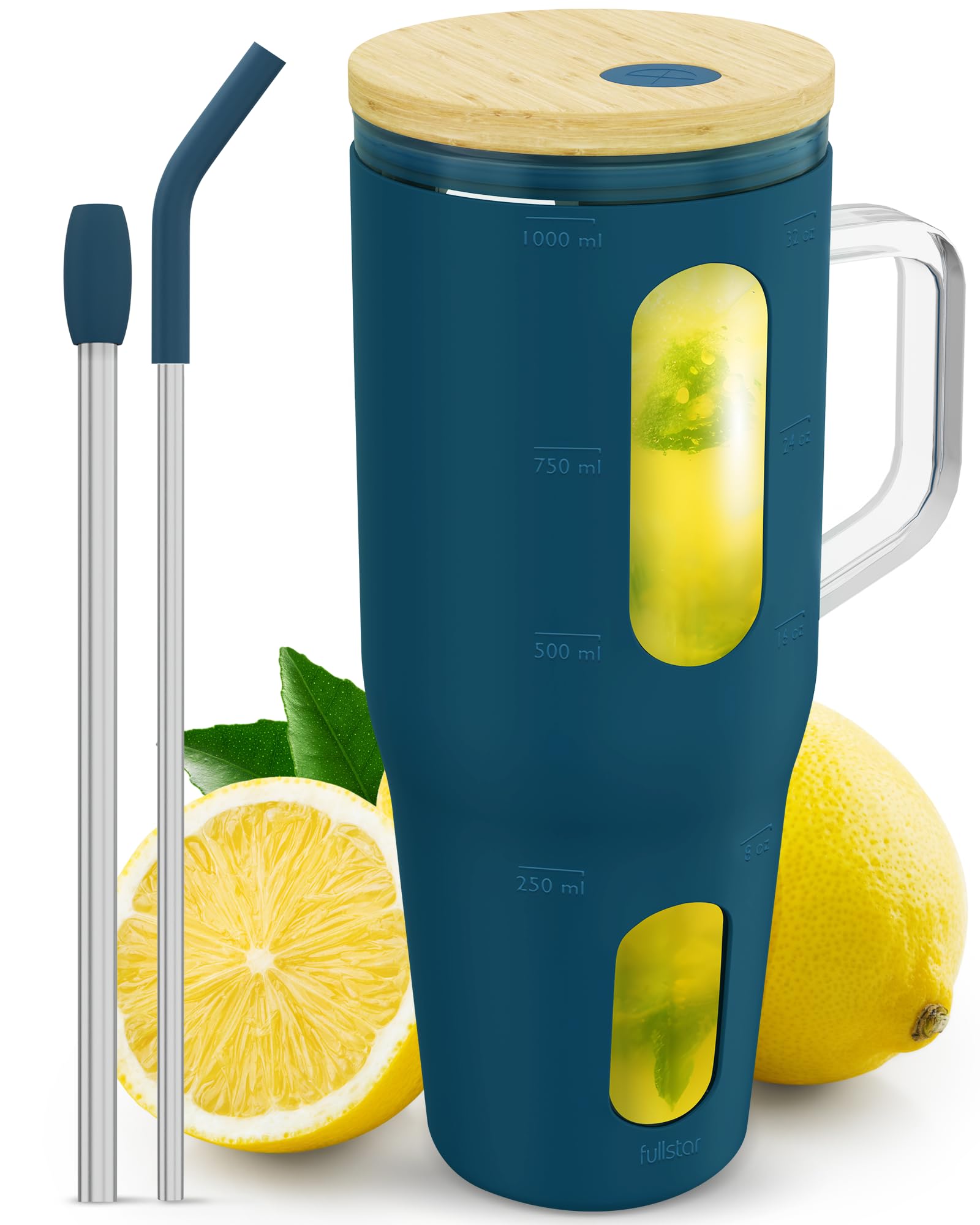 fullstar Glass Cups with Lids and Straws - Drinking Glasses, Glass Tumbler with Straw and Lid, Iced Coffee Cups, Glass Coffee Cups with Bamboo Lids (Dark Teal, 1 Pack)