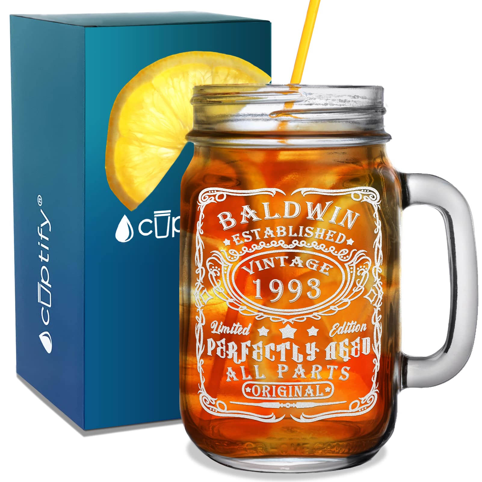 Cuptify Personalized Beer Glass 30th Birthday Perfectly Aged 30 Years Old 1993 Etched Mason Jar Glass 16 oz Drinking Glasses with Handle