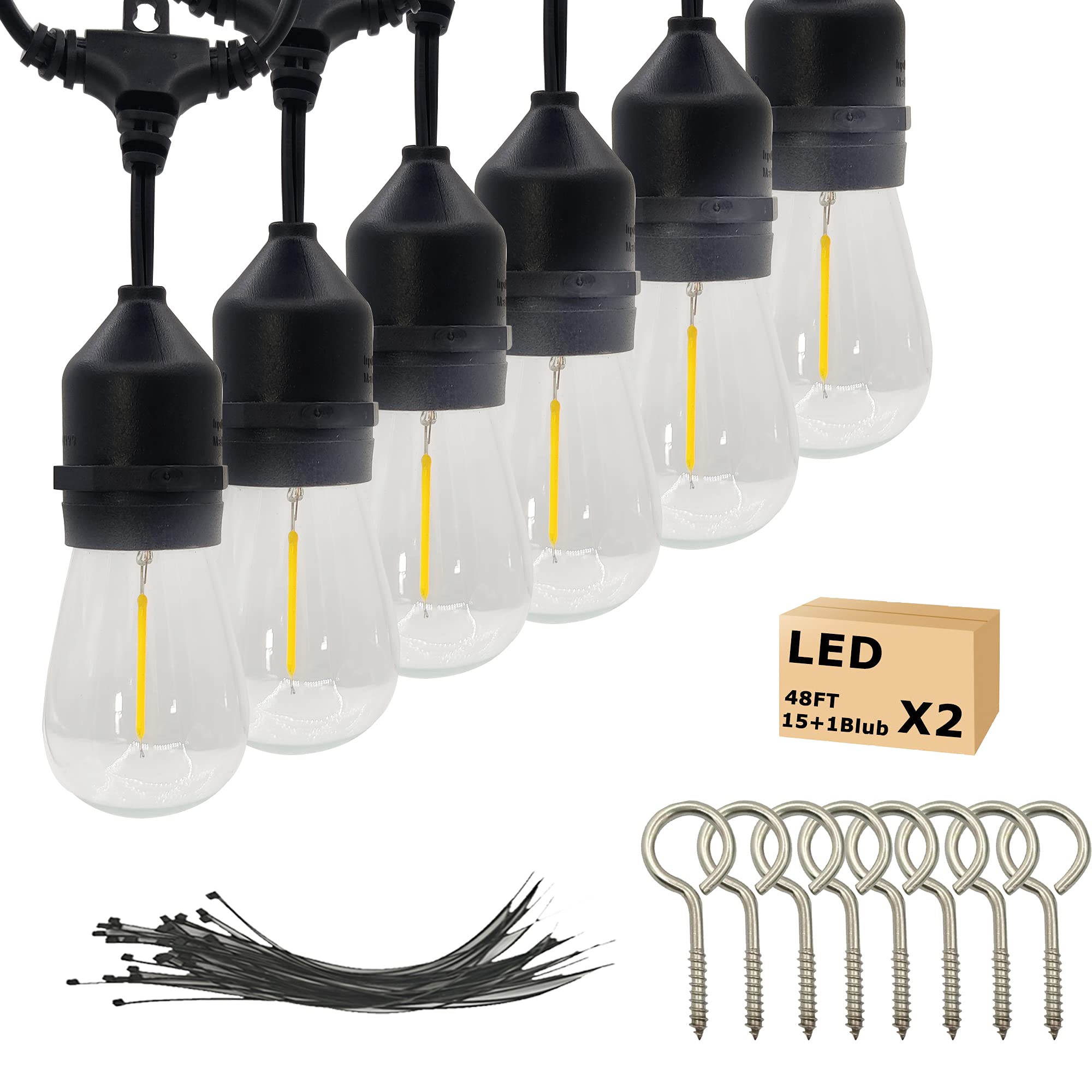 String Light Outdoor 2 Pack, 15 LED Plastic Sockets 1W Edison Bulbs 48Ft- UL Listed Heavy-Duty Decorative String Light for Cafe Bistro Garden Wedding Party Porch Patio