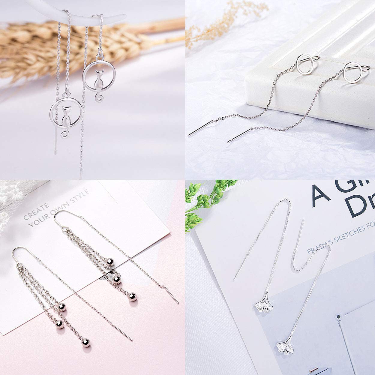 CASDAN 8 Pairs Silver Plated Long Chain Tassel Earrings for Women Lightweight Ball Drop Dangle Moon Star Tassel Threader Earrings