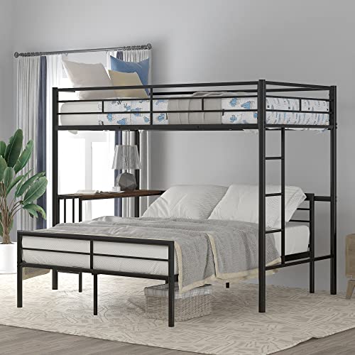 Harper & Bright Designs Twin Over Full Metal Bunk Bed Frame with Desk, Ladder and Quality Slats for Bedroom (Black)