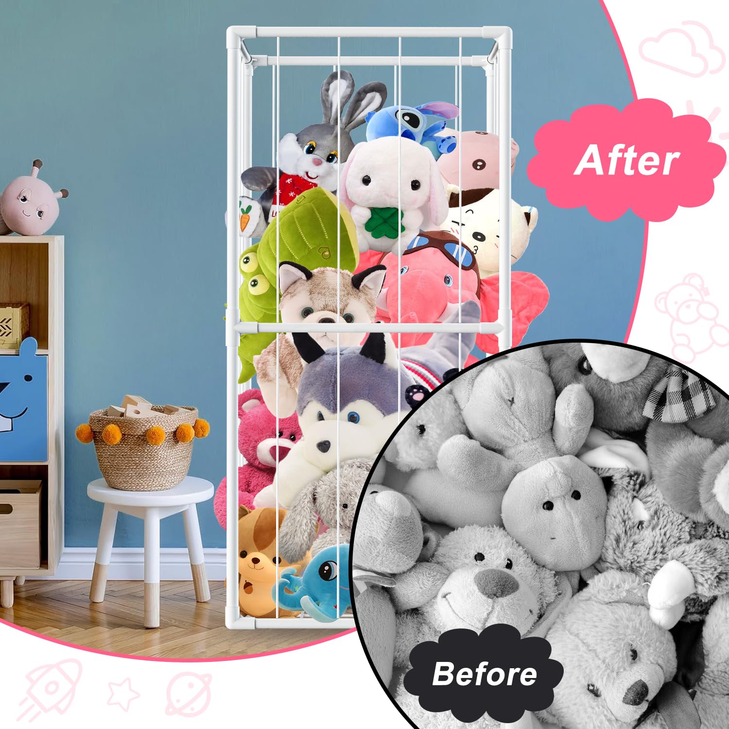 Tobbo Large Stuffed Animal Storage Zoo,Kids Toy Storage Organizer with 8 Hangers, Organizer Shelves and Nets in White