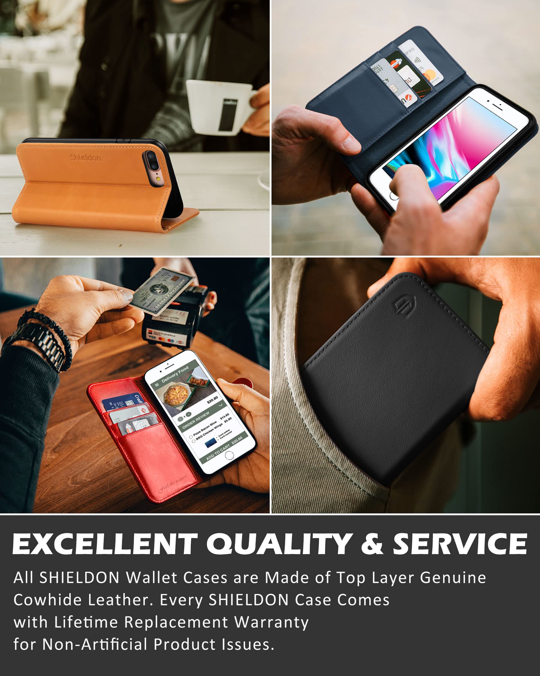 SHIELDON Genuine Leather iPhone 8 Plus Wallet Case Book Flip Cover and [Credit Card Slot] Magnetic Closure Compatible with iPhone 8 Plus / 7 Plus - Black