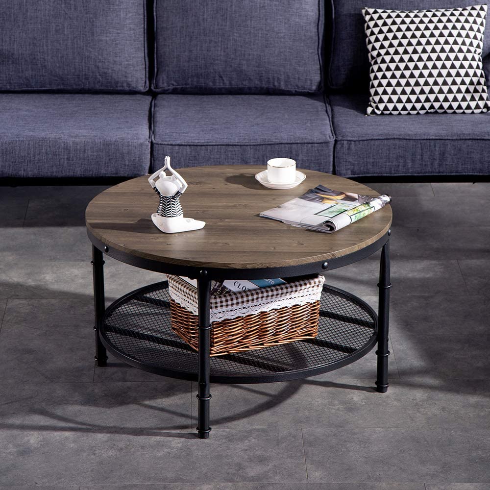 Bonnlo Circle Coffee Table, 31.5" Small Round Coffee Table Industrial Coffee Table Round Farmhouse Coffee Table in 2-Tier, Coffee Table with Storage Wire Coffee Table Lobby Coffee Table, Rustic