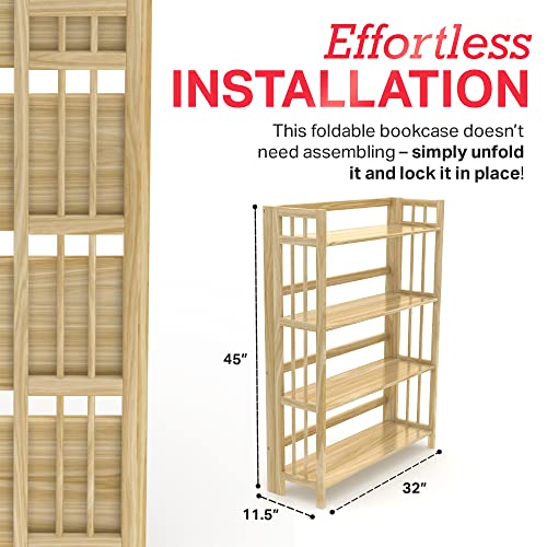 STONY EDGE 4-Tier Folding Bookshelf | Natural Wood Finish | 45x32x11.5 Inches | Book Shelf for Books and Trinkets | No Assembly Required | Foldable & Small Bookshelf for Home and Office