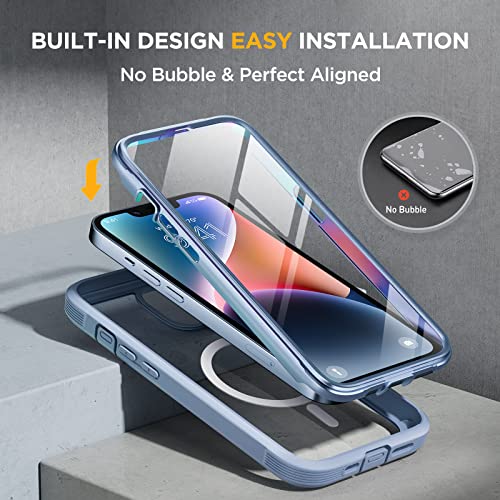 Miracase Magnetic iPhone 14/13 Case with Magsafe, Full-Body Bumper, Anti-Fingerprint 9H Tempered Glass, Dust Port - Blue