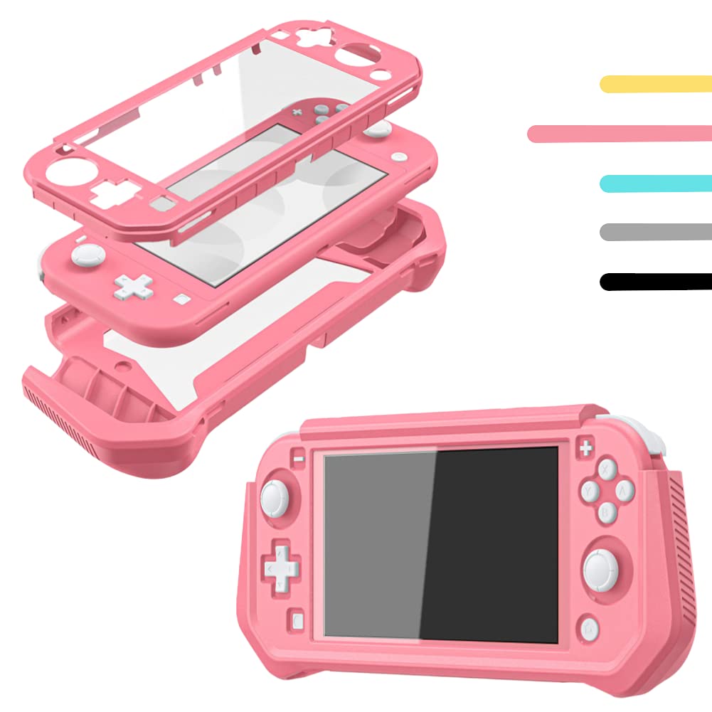 Case for Nintendo Switch Lite Protective Case Cover Skin Accessories - Grip Cover with Built-in PC Screen Protector - Split Cover TPU+PC Case with Anti-Scratch and Shock-Absorption - Coral