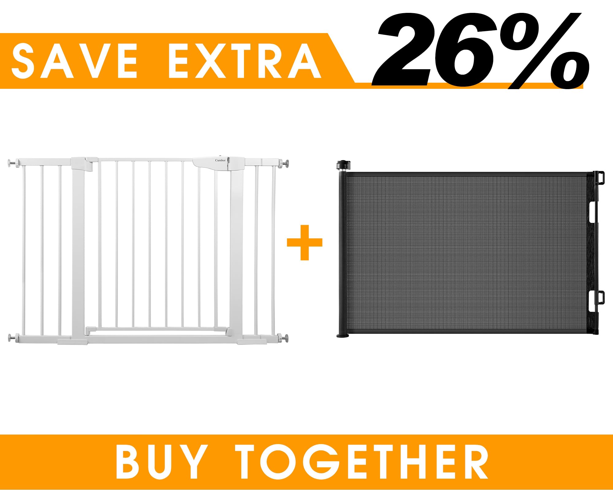 Cumbor 29.7-46" White Baby Gate & Cumbor 0-55" Black Retractable Baby Gate for Stairs, Wide Safety Gates for Kids or Pets, Child Gate for Doorways, Hallways, Indoor, Outdoor