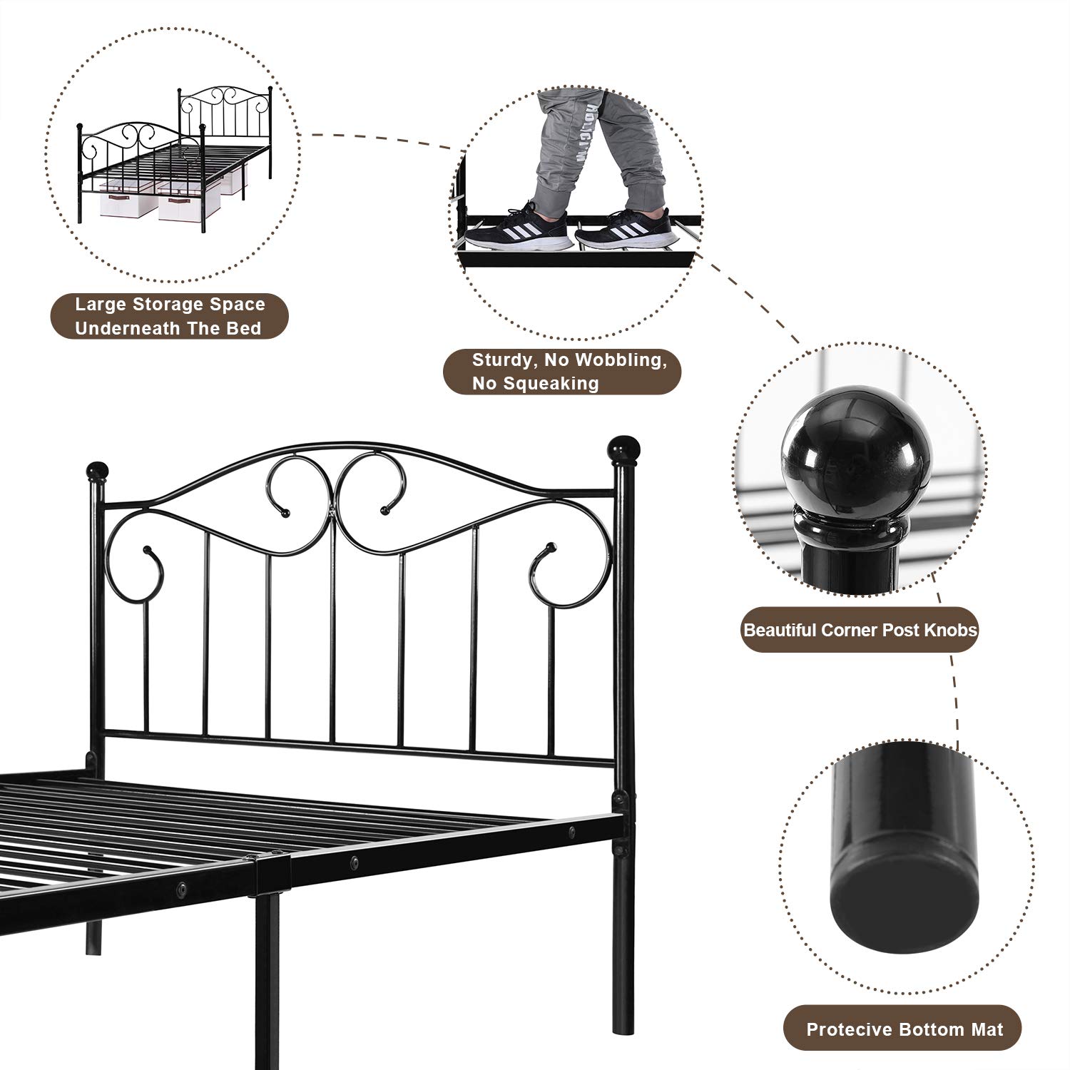 Bonnlo Twin Size Bed Frames, Decorative Metal Platform Bed Frame, Twin Bed Frames with Headboard, no Box Spring Needed, 2 Height Settings: 6” or 12”, Black