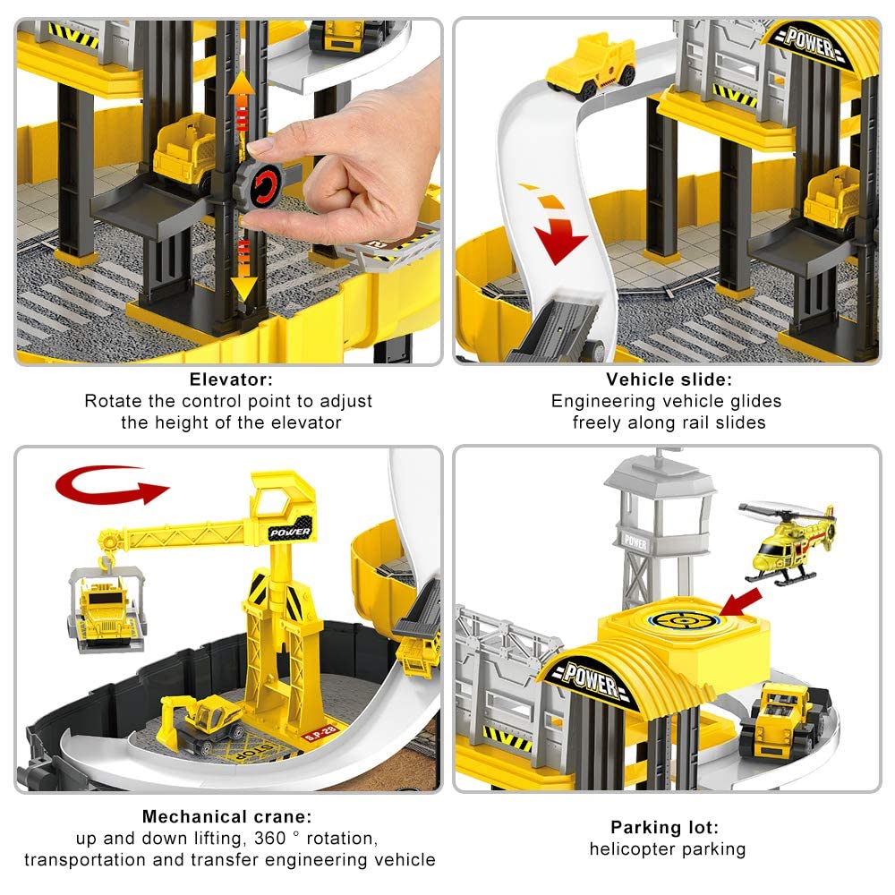 Siairo Construction Race Car Toy for Kids - Construction Race Truck with Crane, Helicopter, Bulldozer, Excavator Toy Backpack for 3 4 5 Year Old Boys & Toddlers