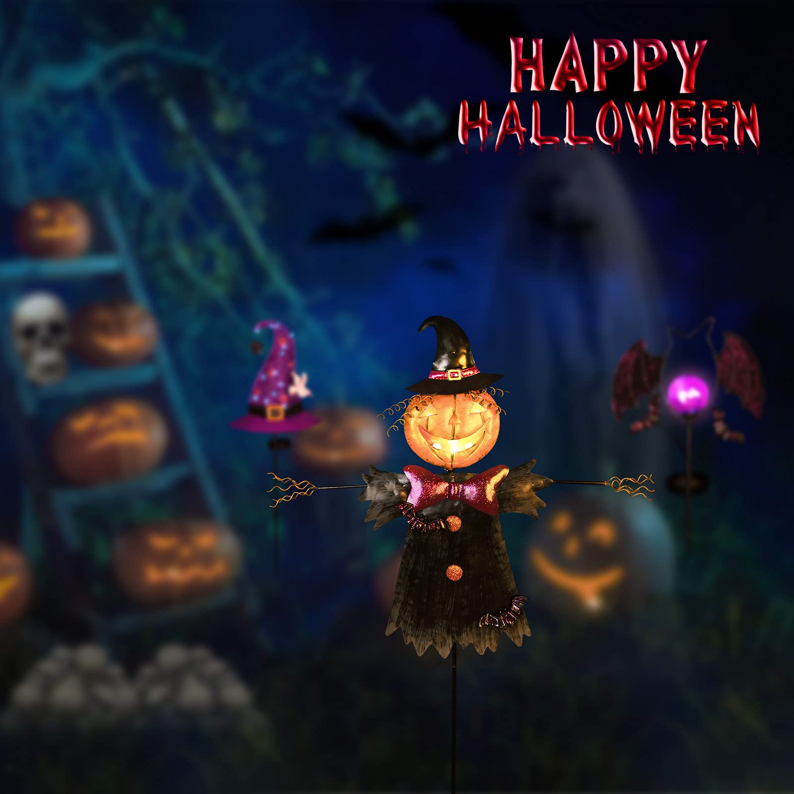 Solar Halloween Decorations Outdoor,Metal Scarecrow Shape Halloween Jack O' Lantern, Solar Pathway Stake Halloween Lights Decor for Garden, Patio, Yard and Farmhouse.