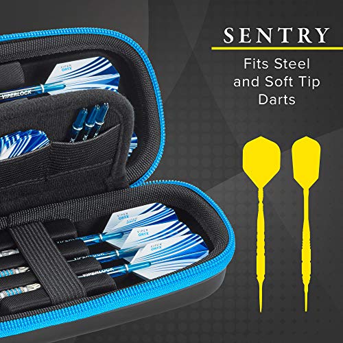 Casemaster Sentry 6 Dart Case Slim, Holds Extra Accessories, Tips, Shafts and Flights, Compatible with Steel Tip and Soft Tip Darts, Impact & Water Resistant TacTech Shell, Blue Zipper