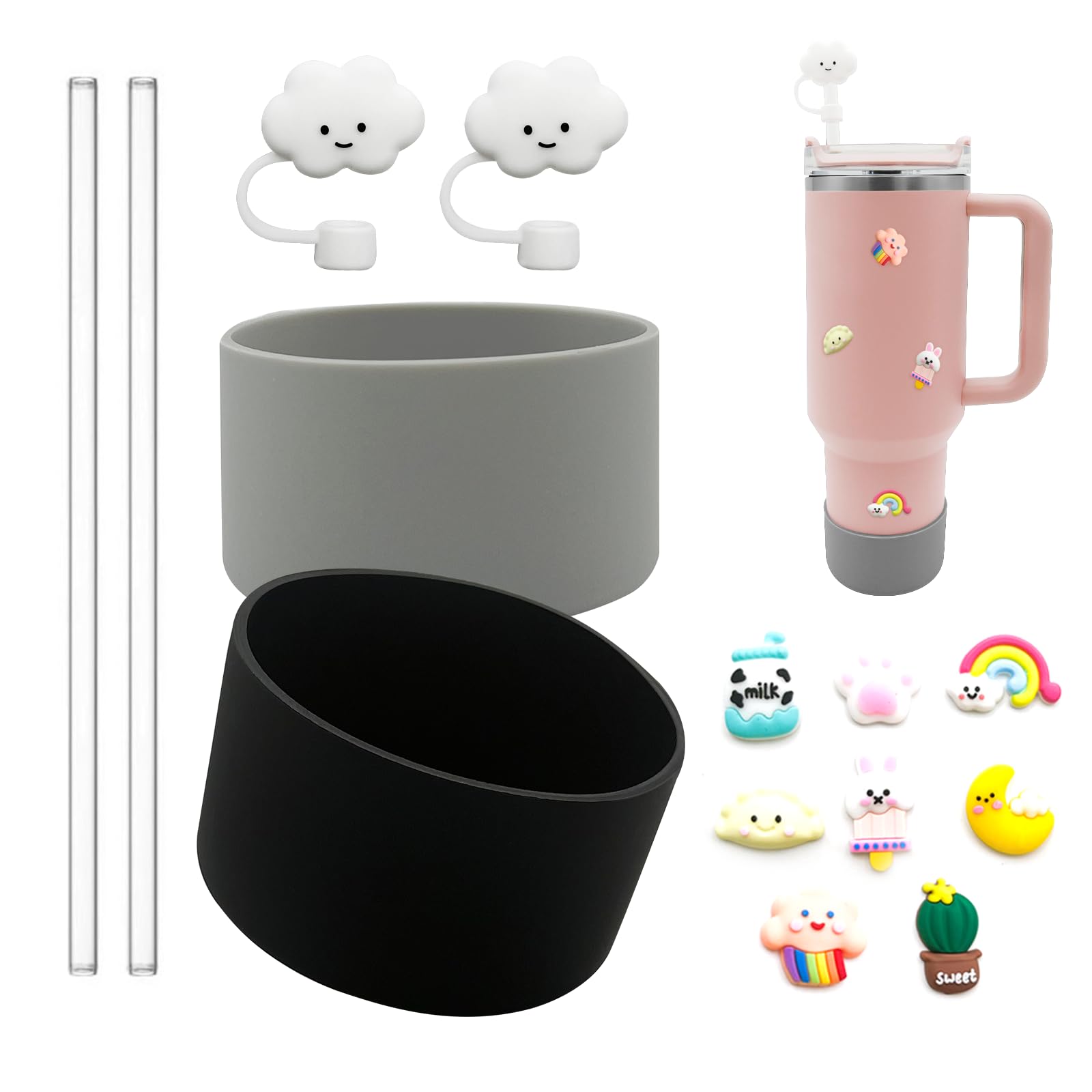 Bougimal Straw Cover Fit for Stanley Quencher H2.0 40 oz 30 oz Tumbler with Handle & Stanley IceFlow 20oz 30oz, Protective Silicone Cup Boots Reusable, Stanley Cup Accessories, Rainbow