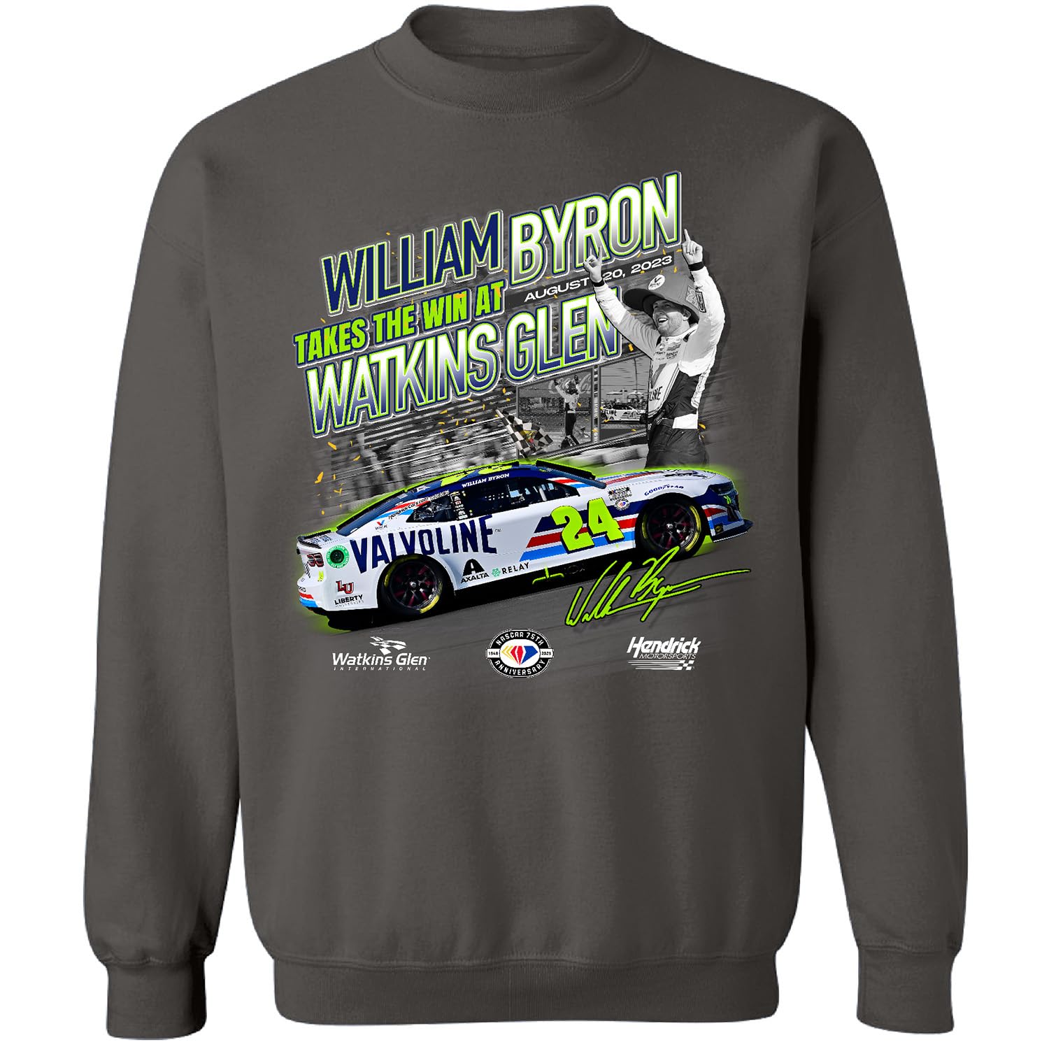Checkered Flag Sports William Byron 2023 Watkins Glen Race Win Crewneck Sweatshirt (US, Alpha, X-Large, Regular, Regular) Gray