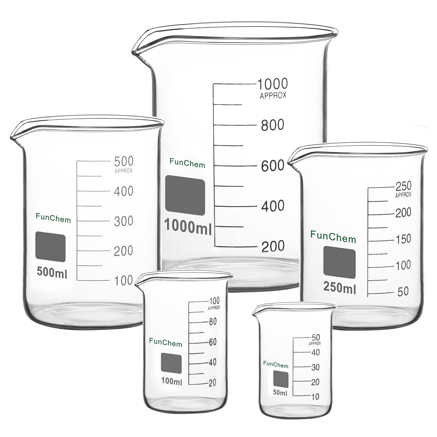 FunChem Glass Measuring Beaker Set, (5 Pieces) Borosilicate Glass Graduated Beakers Griffin Low Form in 5 Sizes, 50 ml/100 ml/250 ml/500 ml/1000 ml (1 L)