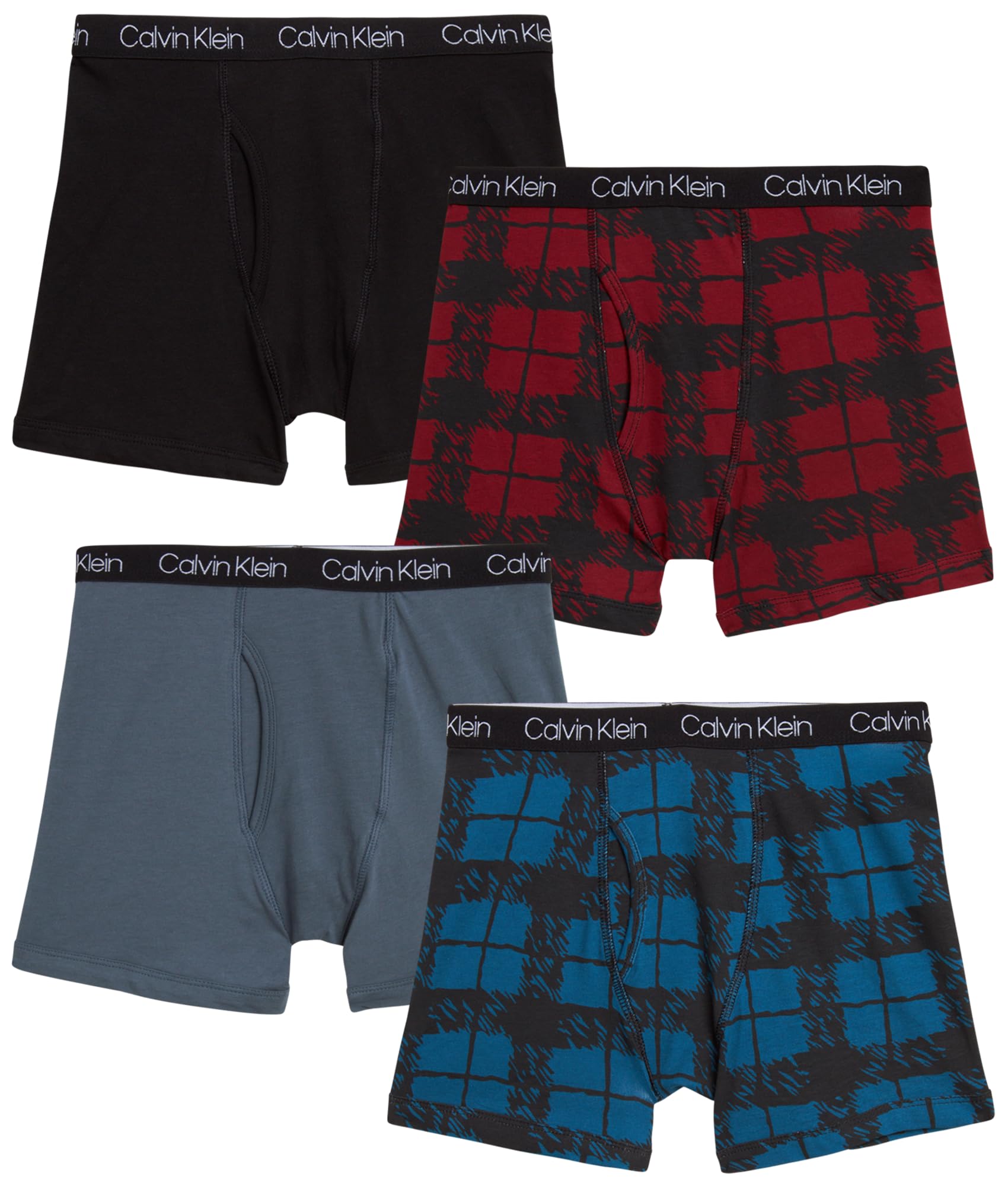 Calvin Klein Boys' Underwear - 4 Pack Stretch Cotton Boxer Briefs (XS-XL), Size Large, Blue Plaid/Dark Slate/Red Plaid/Black