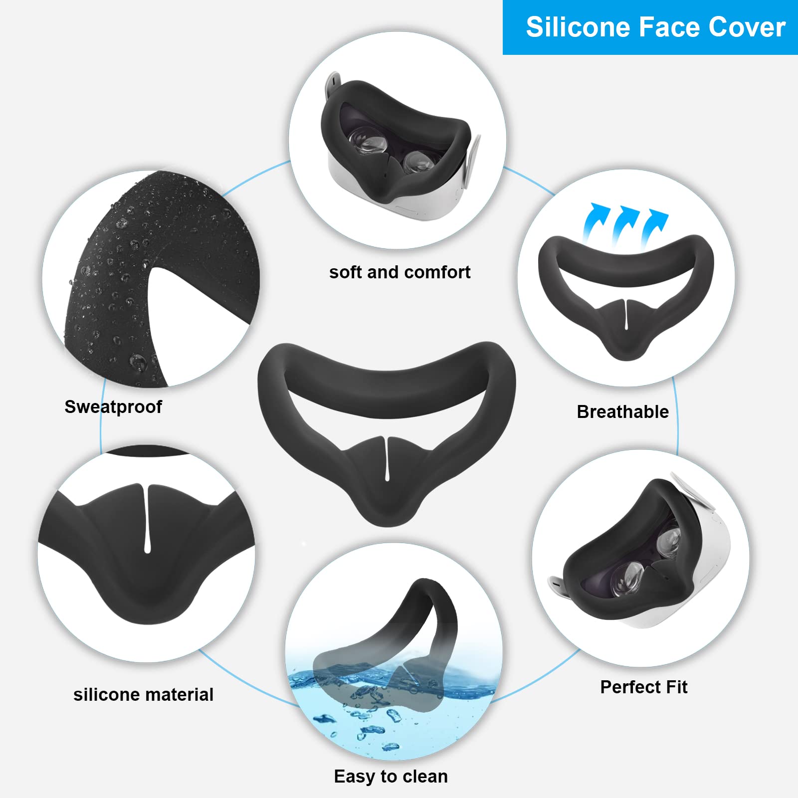 Silicone Controller Grip for Quest 2 Accessories, with VR Headset Lens Cleaning Pen, Thumb Button Cap,Protective Lens Cover, Silicone Face Cover Sweat Guard Anti-Leakage Pad (Black)