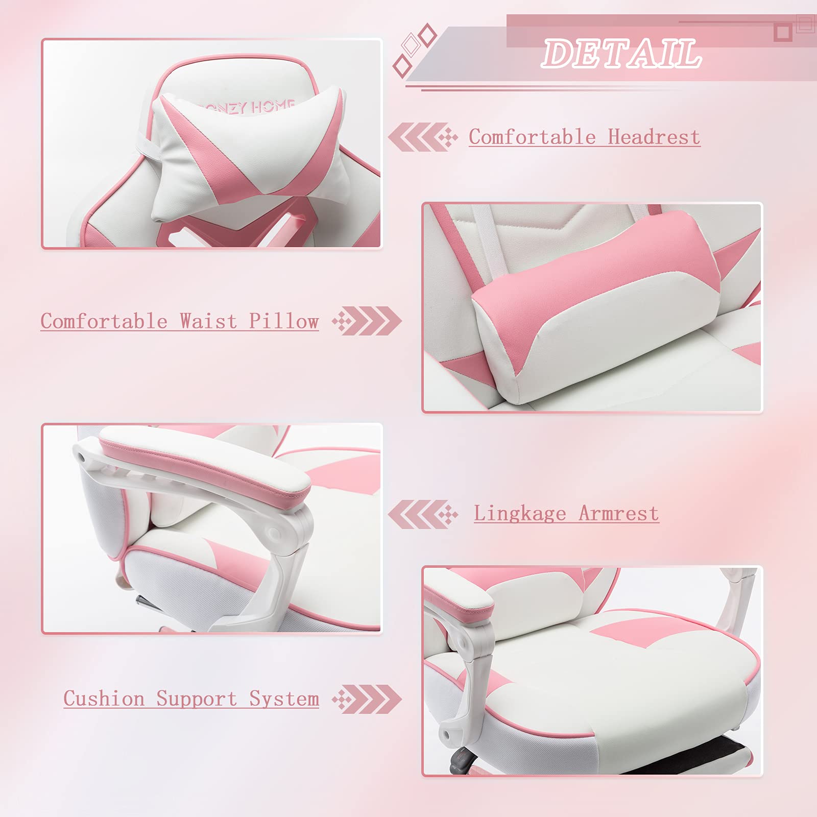 Bonzy Home Gaming Chair Office Chair High Back Computer Chair PU Leather Desk Chair PC Racing Executive Ergonomic Adjustable Swivel Task Chair with Headrest and Lumbar Support (Pink)