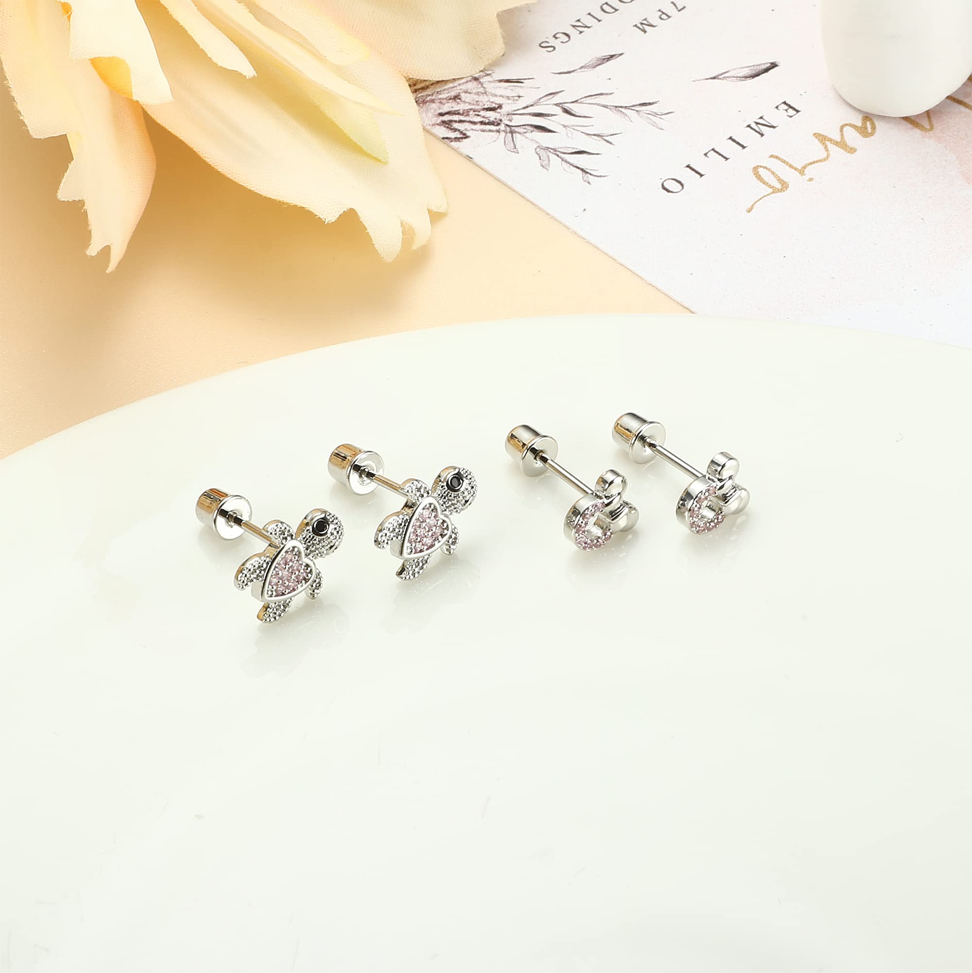 CASSIECA 20G Hypoallergenic Screwback Earrings for Teens Women Stainless Steel CZ Heart Flower Turtle Stud Earrings Jewelry Gift