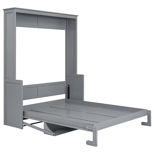 BOVZA Queen Murphy Bed with a Shelf, Space-Saving Wall Bed for Guest Room or Home Office, Gray