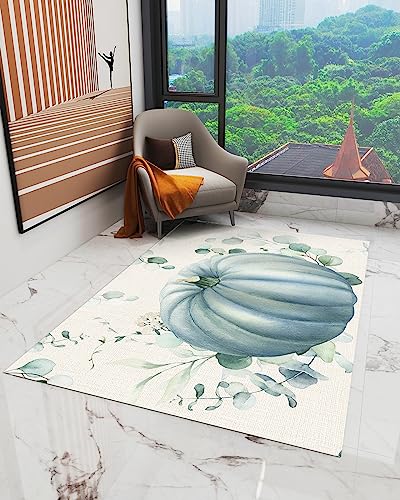 Rustic Blue Pumpkin Large Rectangular Area Rugs 5' x 8' Living Room, Durable Non Slip Rug Carpet Floor Mat for Bedroom Bedside Outdoor Thanksgiving Fall Green Eucalyptus Leaves