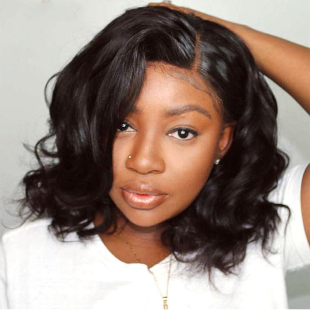 Bugtum Short Bob Human Hair Wig - 4x4 Lace Front, Pre-Plucked, Body Wave, Ocean Wave - Natural Color (10 Inch)