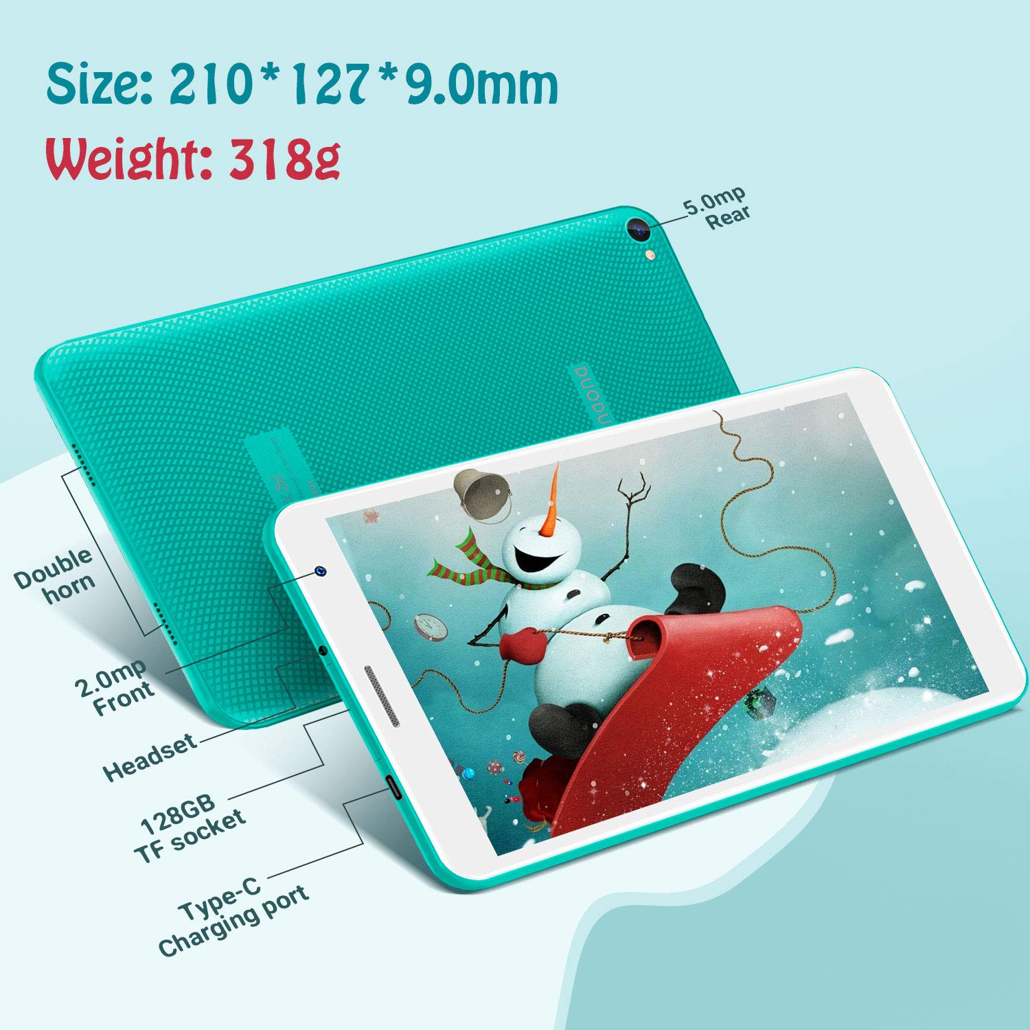 DUODUOGO Kids Tablet Android Newest Quad Core 1.6 Ghz 3GB RAM + 32GB ROM Storage, 128GB Expandable, WiFi, Tablet 8 inch 1280 x 800 HD IPS Display, Android 10, Dual Camera, 5000mAh, Bluetooth, GPS