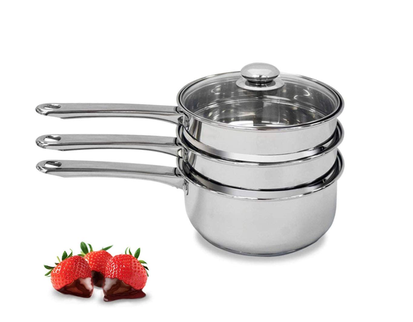 Double Boiler & Steam Pots for Chocolate and Fondue Melting Pot, Candle Making, Stainless Steel Steamer with Tempered Glass Lid for Clear View while Cooking, Dishwasher (3 Qts & 4 Pieces)