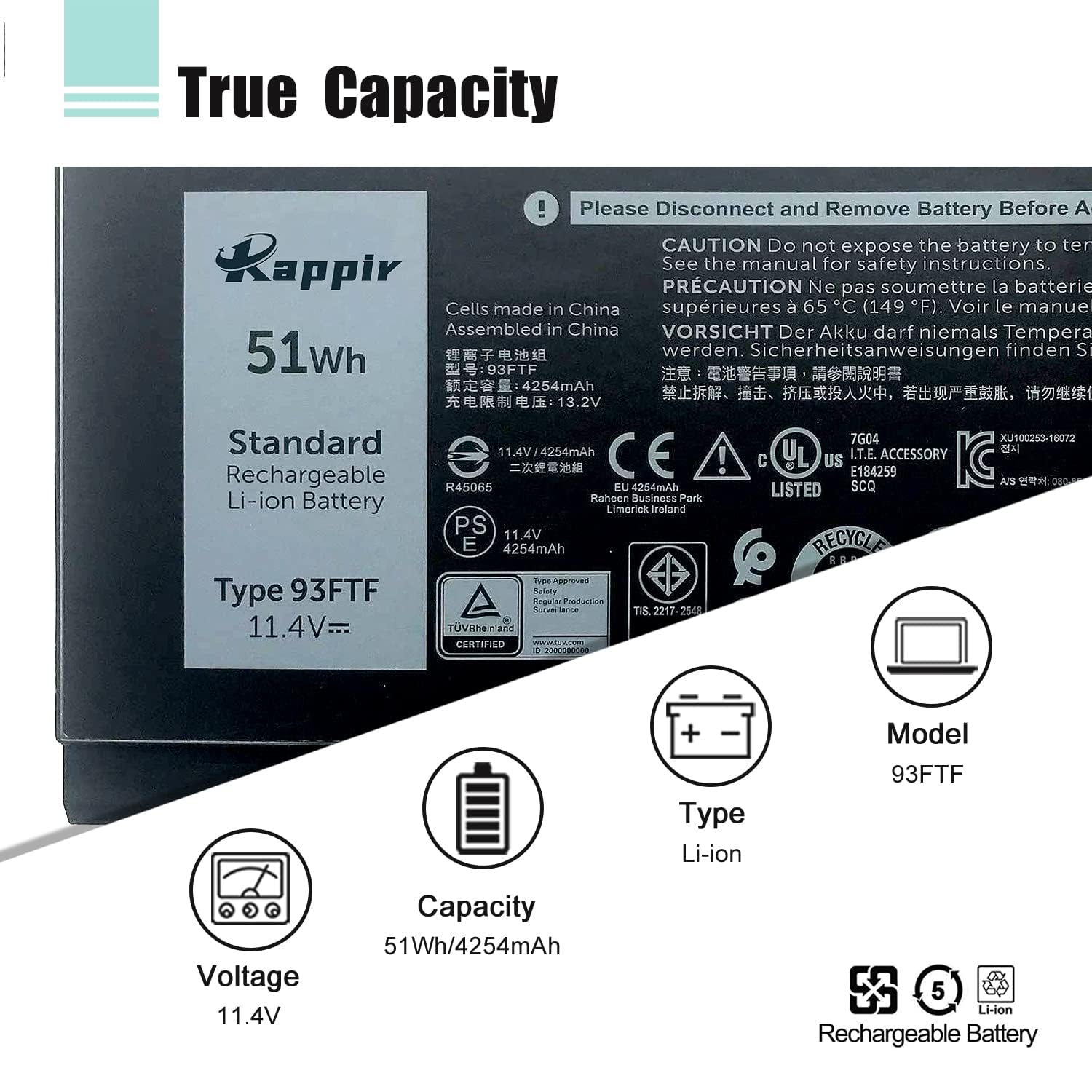 BOWEIRUI 93FTF D4CMT Laptop Battery Replacement for Dell Precision 15 3520 3530 Latitude 5280 5480 5580 5590 5490 5288 5290 5488 E5280 E5580 E5490 E5590 E5480 E5290 Series 4YFVG 83XPC 083XPC DJWGP