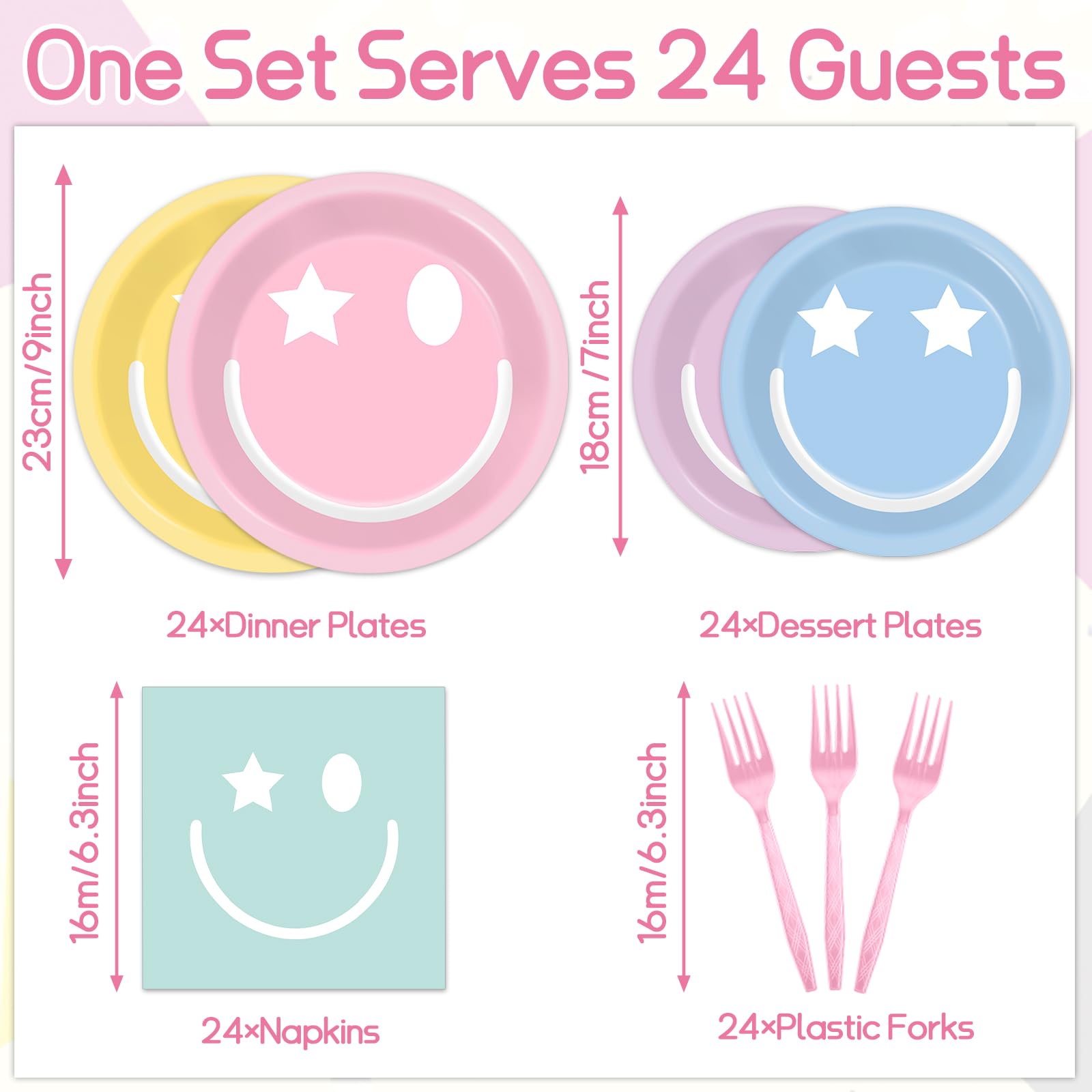 Justforjoyful 96Pcs Pastel Smile Face Party Decorations Paper Plates Napkin Preppy Smile Face Party Tableware Set Smile Face Dinnerware Supplies for Birthday Bachelorette Baby Shower Decor Serve 24