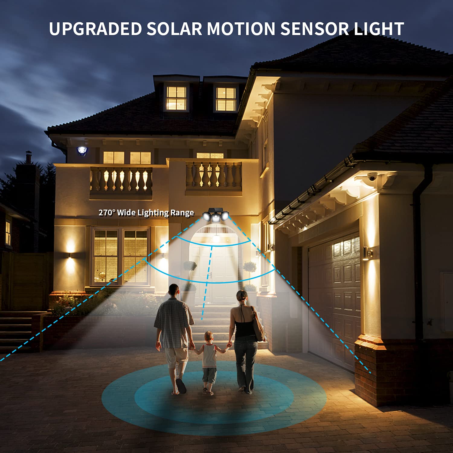 Solar Lights Outdoor 3 Head Motion Sensor Solar Powered Lights 218 LED Security LED Flood Lights IP65 Waterproof 270° Wide Angle Illumination Wall Lights with 3 Modes for Garden Patio Yard 2 Packs
