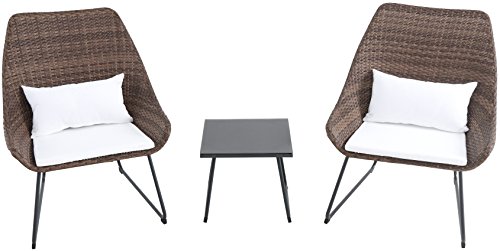 Hanover Accent 3-Piece White Wicker Chat Set, Modern Outdoor Furniture, 2 Scoop Chairs, 15'' Square Side Table, Rust-Resistant Steel Frames, Cushions, Pillows